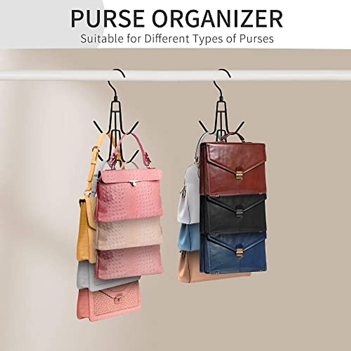 PODATOL Purse Hanger for Closet, Rotatable Purses Organizer, 6 Storage Capacity Hanging Bag Holder, Closet Rod Hooks for Hanging Bags, Purses, Handbags, Belts, Scarves, Hats(Black)