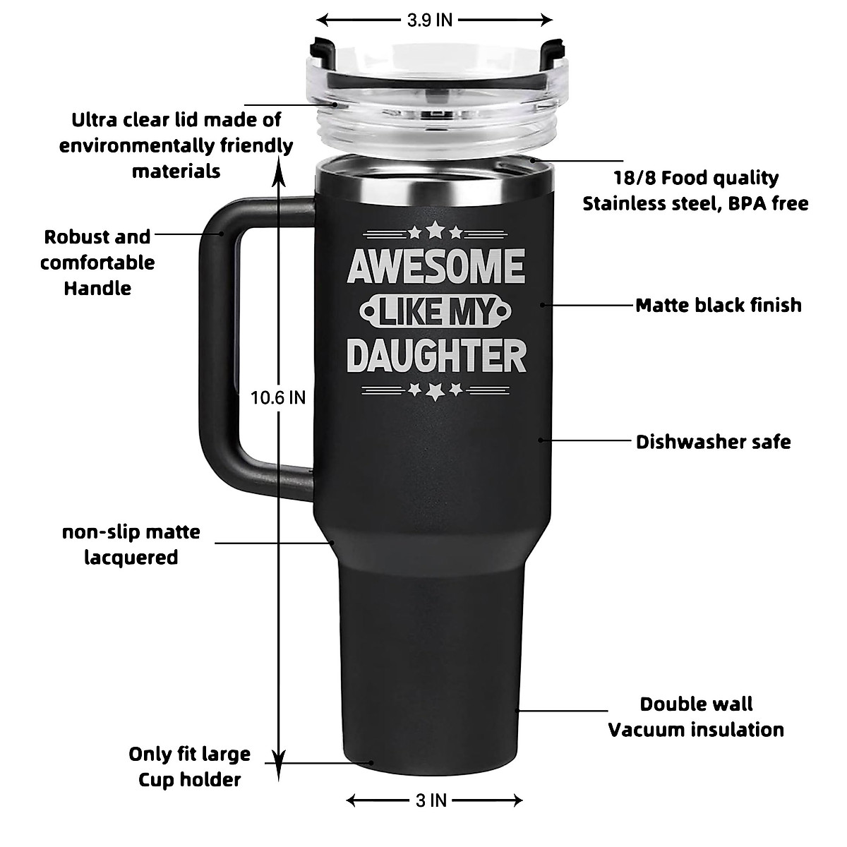 BETHEGIFT Gifts for Dad from Awesome Daughter - Dad Gifts from Daughter - Birthday Gifts for Dad from Daughter - Funny Cool Gifts for Dad - Dad Tumbler 40oz with Handle, Black