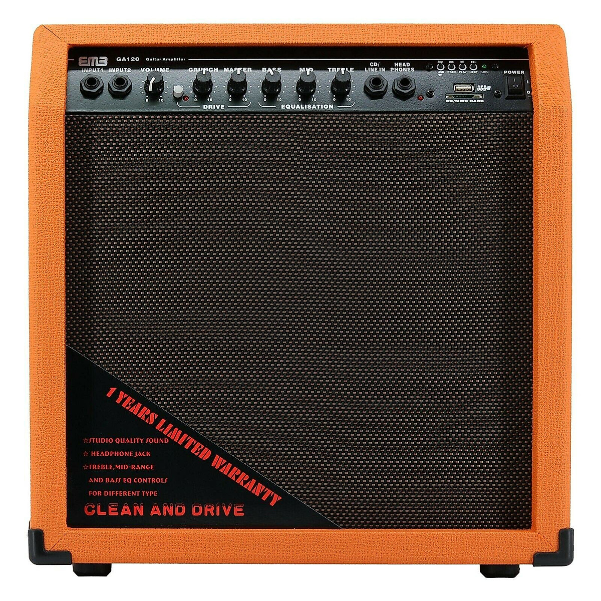 EMB GA120 600W 12" Electric Guitar Amplifier Speaker Portable Powerful Studio and Stage Cabinet PreAMP – with Built in Headphone Jack and 2 Inputs and SD USB AUX Bluetooth (Yellow)