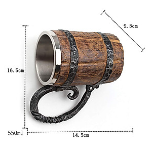 ZPENG Wine Tumbler Beer Cup,Retro Resin Simulation Crude Barrel Stainless Steel Double Wall Insulated Wood Mug Drinkware