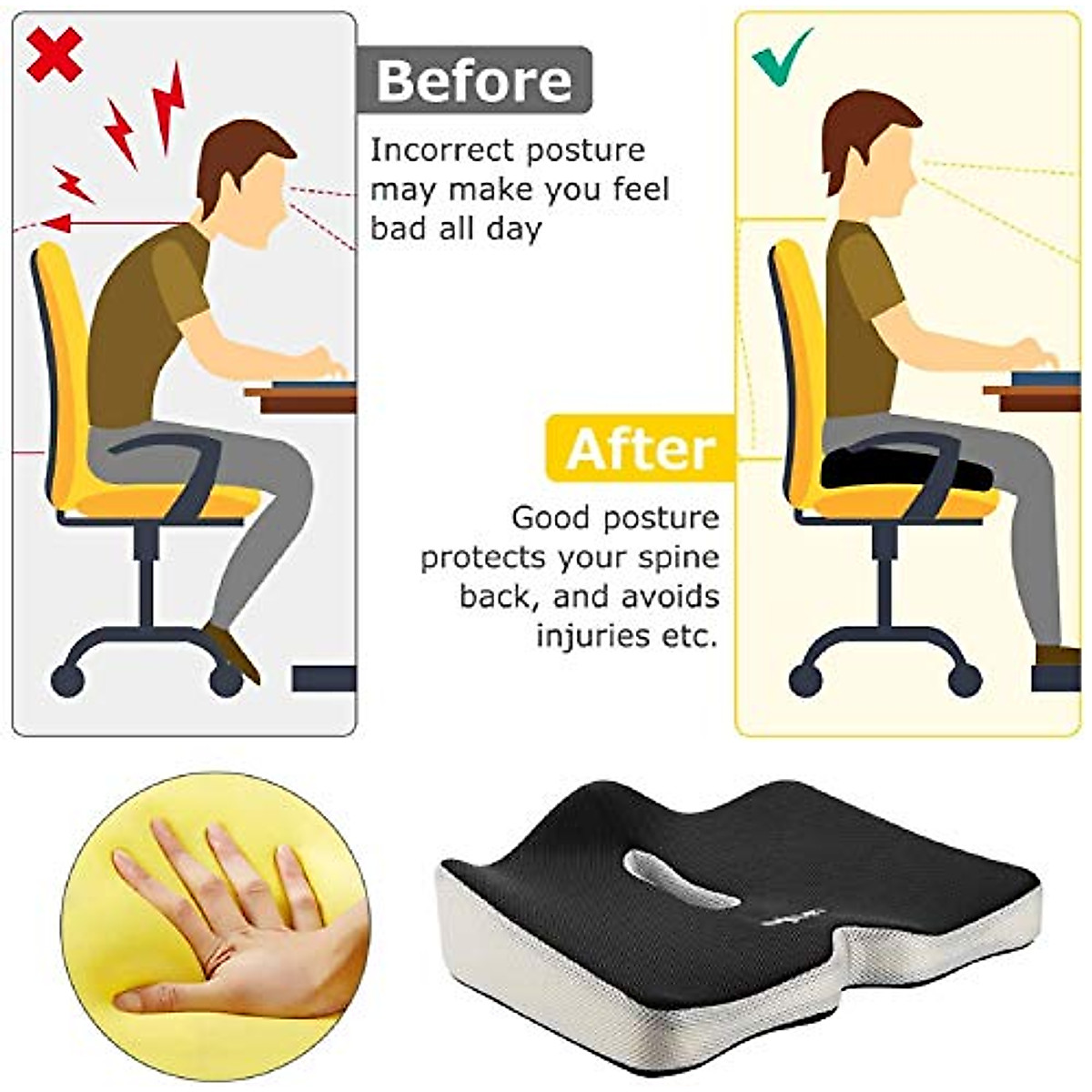 Carttiya Seat Cushion, Office Chair Cushions for Long Sitting, Non-Slip Extra Dense Wide Large Memory Foam Chair Pad for Tailbone, Coccyx, Sciatica, Back Pain Relief, Car & Chair Thick Pad for Hip
