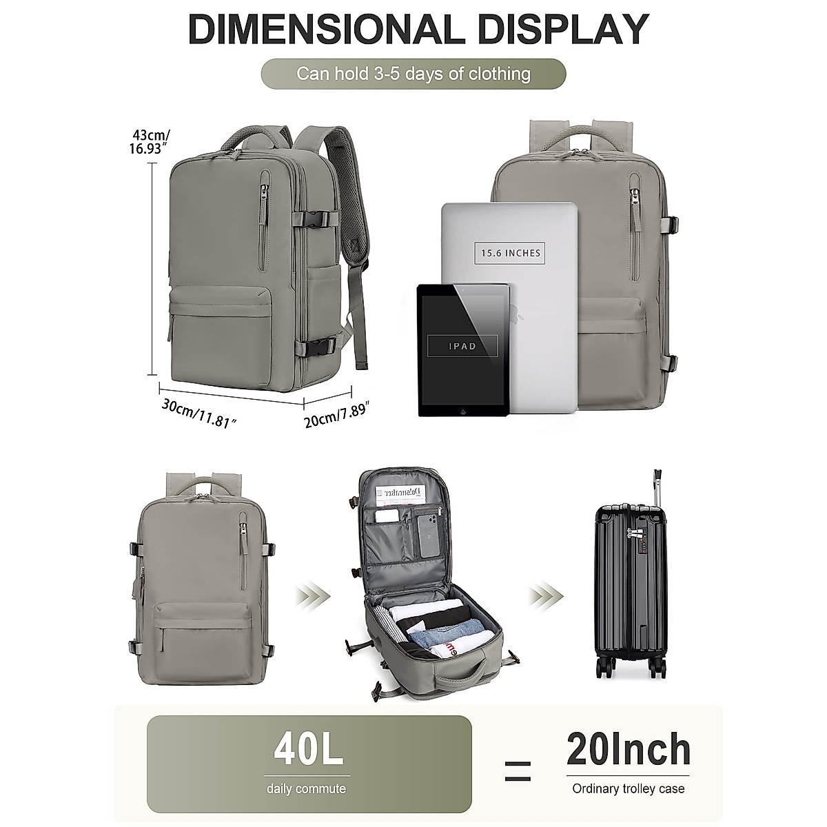 winspansy Large Travel Backpack for Women Men Carry on Backpacks Waterproof Flight Approved Personal Item Bags Luggage Backpacks Fit for 17 Inch Laptop Business Work,Mochila de Viaje