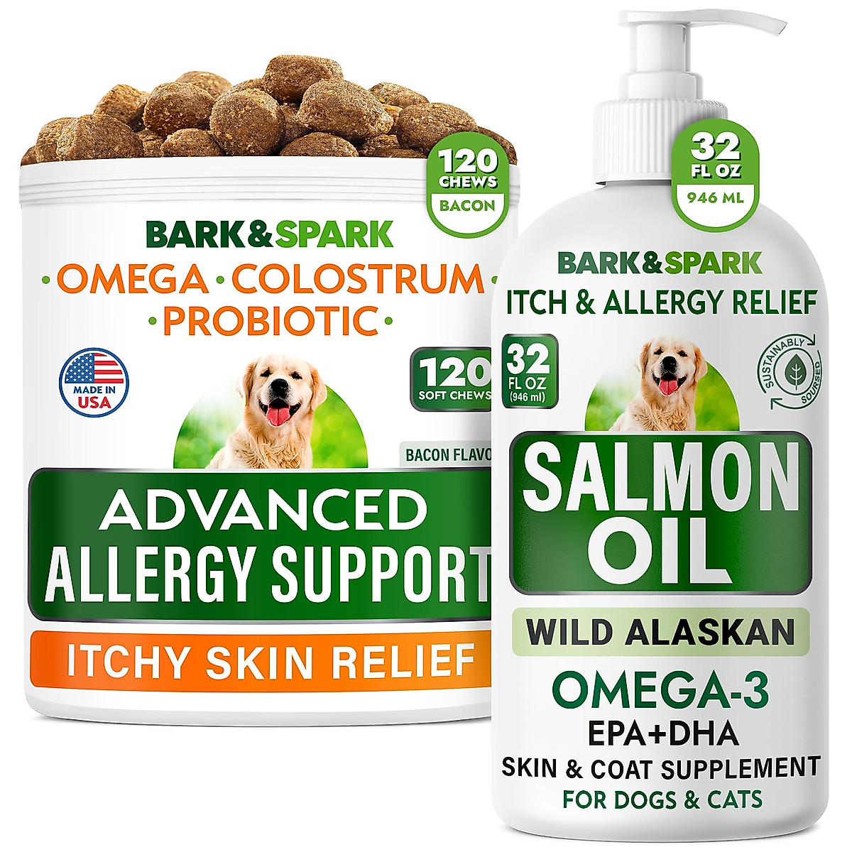 Advanced Dog Allergy + Salmon Oil Bundle - Itch Relief + Skin & Coat Support - Probiotics w/Fish Oil Omega 3 + EPA&DHA Fatty Acid - Skin Allergies + Skin&Coat Support - 120 Chews + 32oz - Made in USA