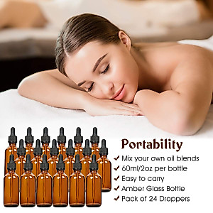 Eternal Moment 2 oz Eye Dropper Bottle(24 Pack), 60ml Amber Glass Bottles with Glass Eye Dropper for Essential Oils, Chemistry Lab Chemicals, Colognes & Perfumes