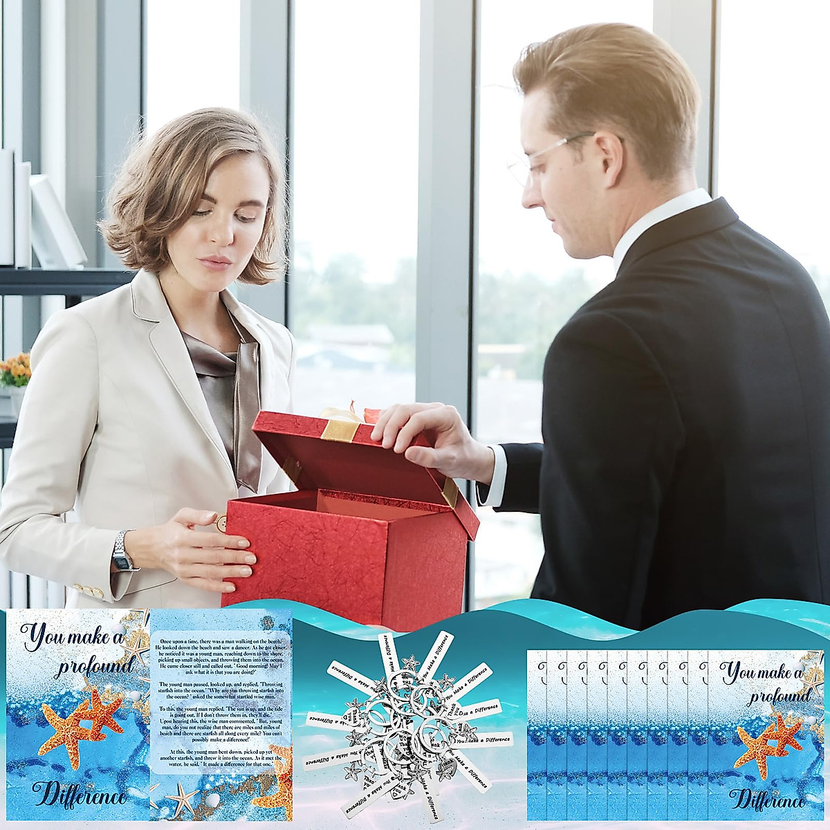 90 Pcs Starfish Story Gifts Mini Keepsake Appreciation Notecards Set Starfish Story Wallet Sized Cards Employee Gifts Drawstring Bags and Starfish Charms for Teacher Women Men (Elegant Style)