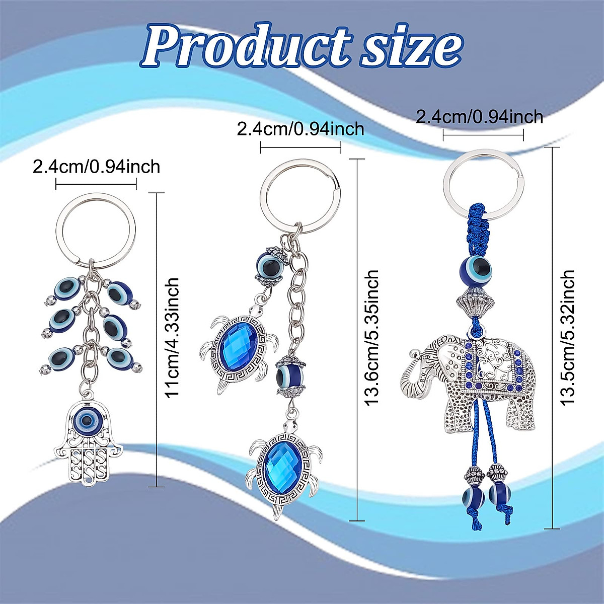 PLIGREAT 3 Pcs Evil Eye Amulet Lucky Charm Keychain, Decorative Car Hanging Ornament Elephant Turtle Hamsa Hand Charms Key Rings Inspirational Keychain Gifts for Family Women Bff Colleagues