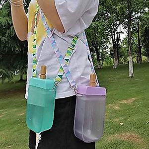 Vwey Cute Water Bottles with Straws, Creative Ice Cream Plastic Popsicle Drink Bottles, BPA Free Transparent Jug, Adjustable Shoulder Strap, for Outdoor Camping Sports Travel, 10 oz (Pink)