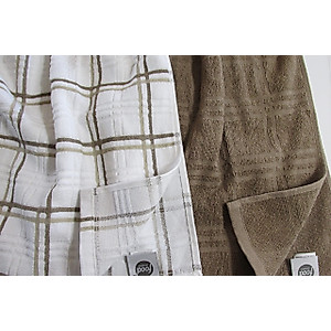 Set of 2 Tan Double Thickness Kitchen Towels - Hanging Towels - Light Brown & White Plaid Design with Cream Cotton Crochet Top - Moms Gift - Best Quality Towels