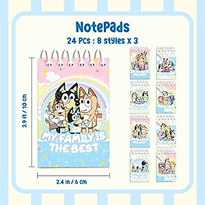 Bluey Birthday Party Supplies, 24Pcs Mini Notepads for Bluey Birthday Party Favors, Goodie Bag Stuffers, Children Classroom Rewards, 8 Types