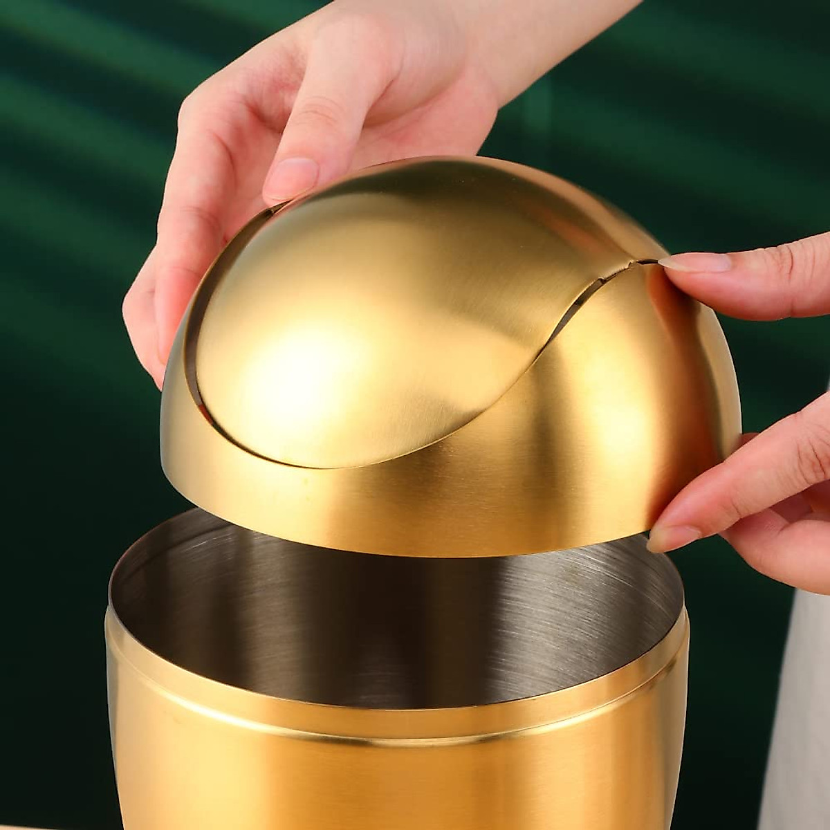 Mini Desktop Trash Can With Swing Lid, Gold Metal Garbage Can, Premium Stainless Steel 18/10 Reusable Waste Bin For Kitchen Bathroom Office Dressing Table Counter Top, Egg Shaped(Gold, 0.4 Gallon)