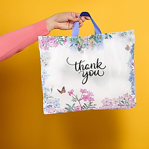 Purple Q Crafts Thank You Bags for Business 50 Pack 15" W x 12" H Floral Plastic Shopping Bags With Soft Loop Handle Thank You Shopping Bags