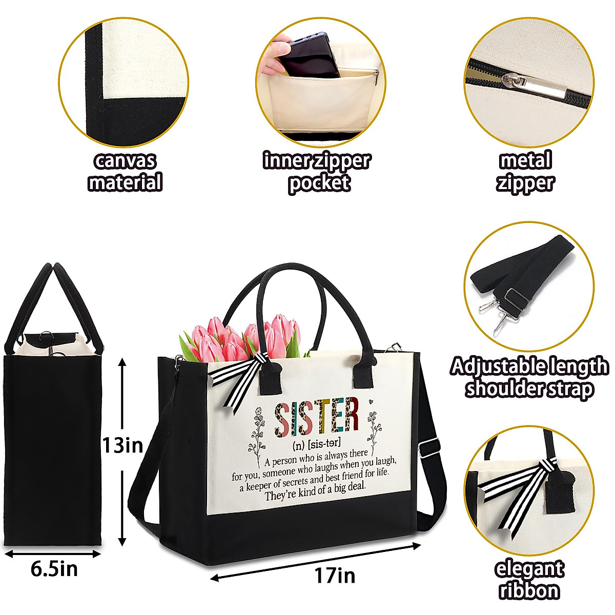 BackURyear Sister Birthday Gifts, Friendship Gifts for Sister, Thank You Gifts for Sister, Sister Tote Bag Gifts, Sister Graduation Gifts, Sis Gifts/Christmas Gifts for Sister