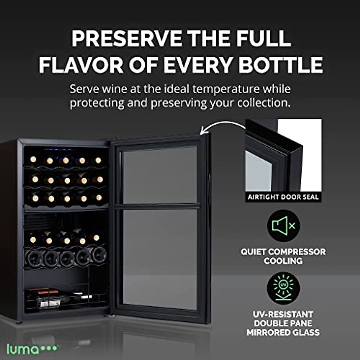 Luma Comfort Shadow Series Wine Cooler Refrigerator 33 Bottle Dual Temperature Zones, Freestanding Mirrored Wine Fridge with Double-Layer Tempered Glass Door & Compressor Cooling,Black