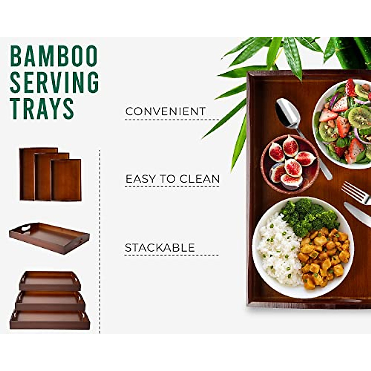 Set of 3 Premium Bamboo Serving Trays - Natural Finish | Stylish and Functional Platters for Exquisite Food Presentation |Brown Finish