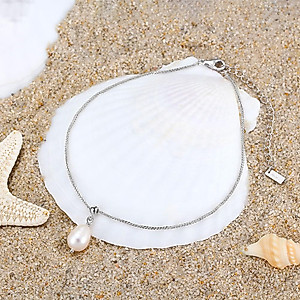 100% 925 sterling silver white freshwater pearl with a ball charm accent on slim and sleek summer beach anklets for women gold plated jewelry, 9-11inches (silver)