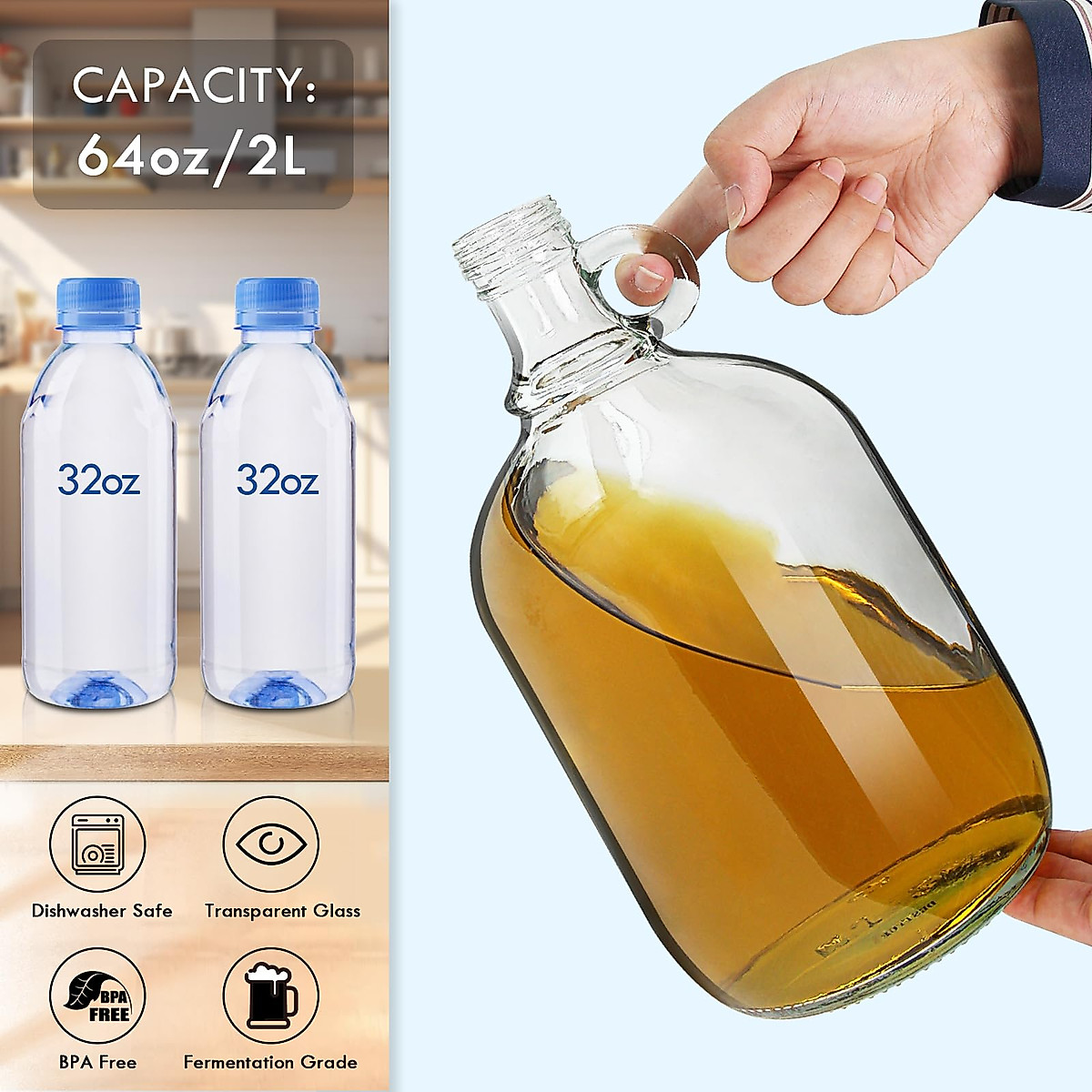 DESIYUE 2 Pack 64oz Glass Gallon Jugs with Handle and Black Plastic Lids, Half-Gallon, Gallon Glass Fermenting Jug, Glass Water Jug for Kombucha, Home Brew, Vanilla Extract, Beer, Soda,Cider (Clear)