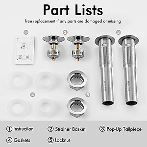 KES Bathroom Sink Drain Stopper with Overflow, Pop Up Drain with Detachable Hair Catcher for Lavatory Vanity Vessel Sink, Brushed Nickel 2 Pack, ALL Metal Rustproof 304 Stainless Steel, S2013A-BN-P2