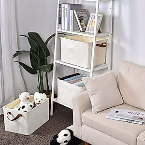 Yawinhe Foldable Storage Basket with Drawstring Cover and 2 Leather Handles, Collapsible Storage Bins, Baskets for Organizing Shelf Nursery Home Closet (Beige, 16.53x12.59x10.23in/4-Pack)