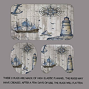Dia Magico 4PCS Nautical Shower Curtain Set, Navy Blue Anchor Compass Sailboat Lighthouse Seashell Sea Marine Life Coastal Ocean Beach Bathroom Decor Waterproof Fabric Shower Curtain Non-slip Bath Mat