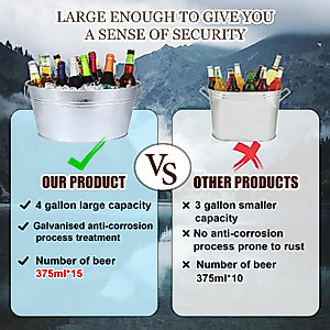 Ice Bucket, Oval Beverage Tub, Galvanized Bucket and drink Cooler for Parties, Ice Tub with Handles for Beer Sparkling Whisky Wine Cocktails (3.5gal) (Galvanized)
