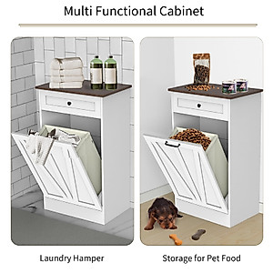 CREAWELLAY Tilt Out Trash Can Cabinet, 13 Gallon Large Hidden Kitchen Garbage Can with Storage Drawer, Farmhouse Wooden Garbage Bin Cabinet for Laundry Room, Living Room (White)