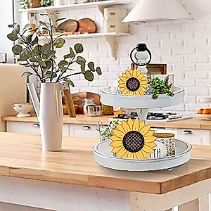 MEKOUZON Wood Sunflower Decor, Rustic Figurines Statue Ornaments for Thanksgiving, Set of 2 Wooden Blocks Farmhouse Desk Decorations for Tiered Tray, Shelf, Tabletop Fireplace