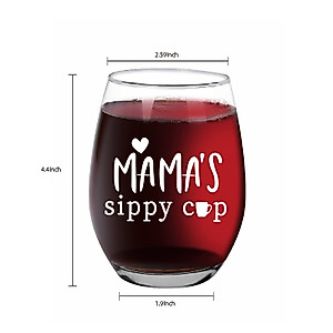 Mama's Sippy Cup, Funny Stemless Wine Glass, 15oz Wine Glass Mothers Day Christmas Birthday Gifts for Mom, Wife, Mom To Be, New Mom, Pregnant Mom from Daughter, Son