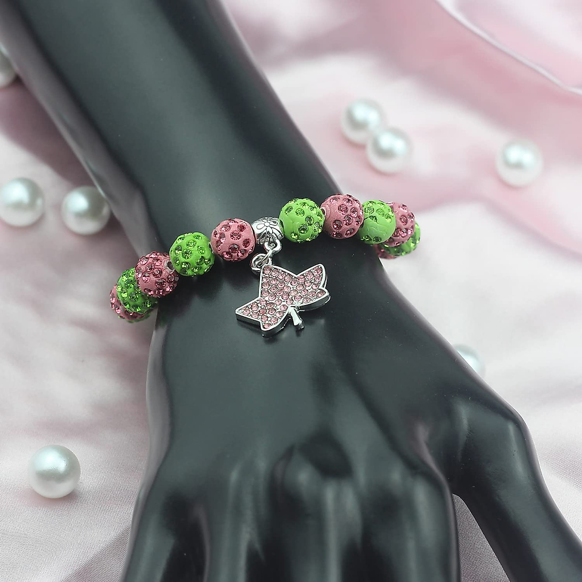 Sorority Gift for Women Greek Sorority Paraphernalia Bracelet Crystal Leaf Charm Bracelet Pink and Green Jewelry Sisterhood Gift (Leaf Bracelet)
