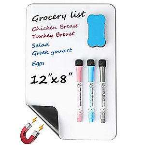 MaxGear Small Magnetic Dry Erase Board Sheet for Refrigerator, Fridge Whiteboard for Kitchen, 12"x8" White Board Organizer and Planner with Stain Resistant Technology, Include 1 Eraser, 3 Markers