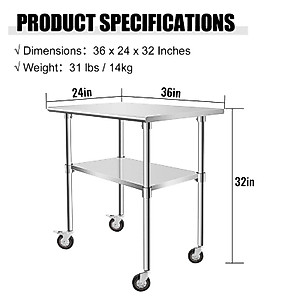 KODOM Food Prep Stainless Steel Table 36'' x 24'', Heavy Duty Workbench with Adjustable Under Shelf, Commercial Worktable with 4 Casters for Commerical Kitchen, Restaurant, Home and Hotel, Silver