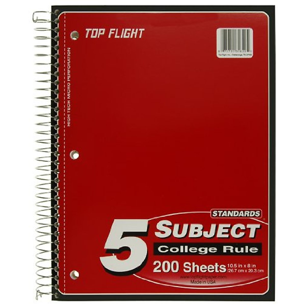 Top Flight Standards 5-Subject Wirebound Notebook, 200 Sheets, 3-Hole Punched, College Rule, 10.5 x 8 Inches, 1 Notebook, Color May Vary (31820)