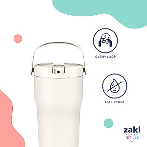 Zak Designs Sutton Travel Tumbler for On the Go, 30oz Stainless Steel with Vacuum Insulation, Straw Spout, Carry Handle for Cold Drinks (Cream White)