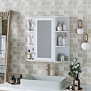 FOTOSOK Bathroom Medicine Cabinet with Single Mirror Door, Wall Mounted Medicine Cabinet with 2 Inner Adjustable Shelves and 6 Open Fixed Shelves, Storage Medicine Cabinet for Bathroom, White