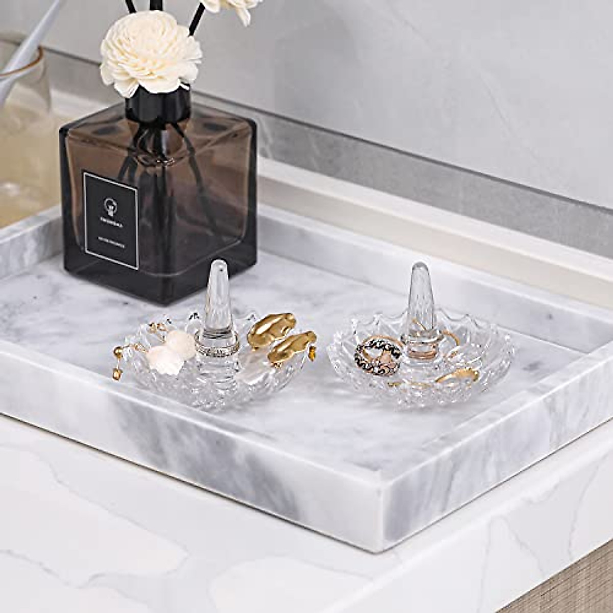 MyGift Clear Glass Ring Cone with Tray, Engagement Wedding Ring Holder with Round Starburst Design, Small Jewelry Ring Dish, Set of 2