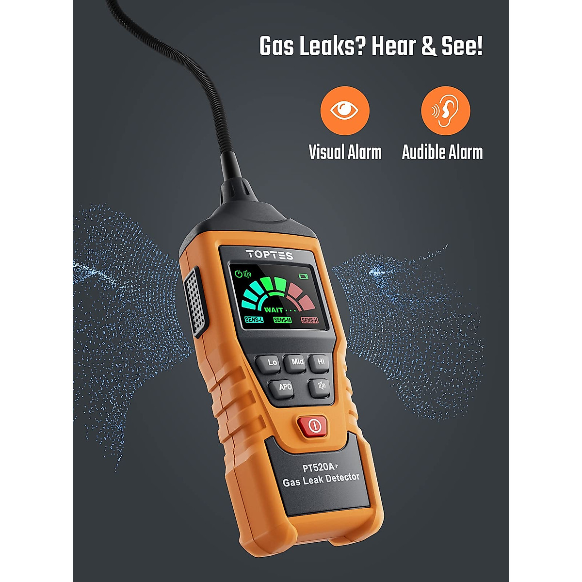 TopTes PT520A+ Rechargeable Gas Leak Detector, Natural Gas Detector with 17-inch Probe, Checking Combustible Gas Leaks Like Natural Gas, Propane, Methane, Butane for Home, HVAC and RV - Orange