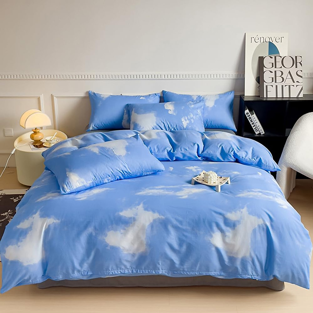 CLOTHKNOW Blue Cloud Full Comforter Set 3Pcs Blue White Bedding Comforter Sets Sky Comforter Soft Light Blue Full Size Comforter Sets