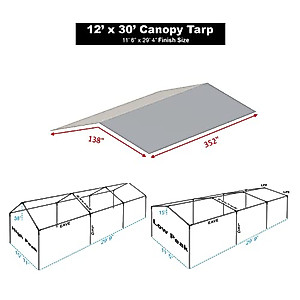 Carport Canopy Cover 12' x 20' Cut Size, 11'6" x 19'6" Finish Size Heavy Duty Tarp Tent Roof White and Silver, Only Cover (Silver 12x20)