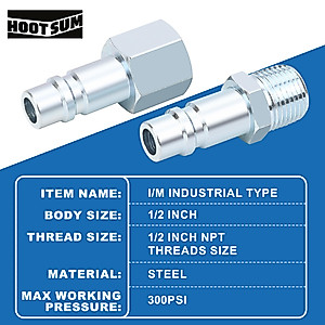 1/2" Air Hose Fittings Set, High Flow 1PC I/M Industrial Type Coupler with 1/2" MNPT, 2PCS Plugs with 1/2" NPT, 3PCS Steel Air Compressor Accessories Quick Connect Fittings 300PSI