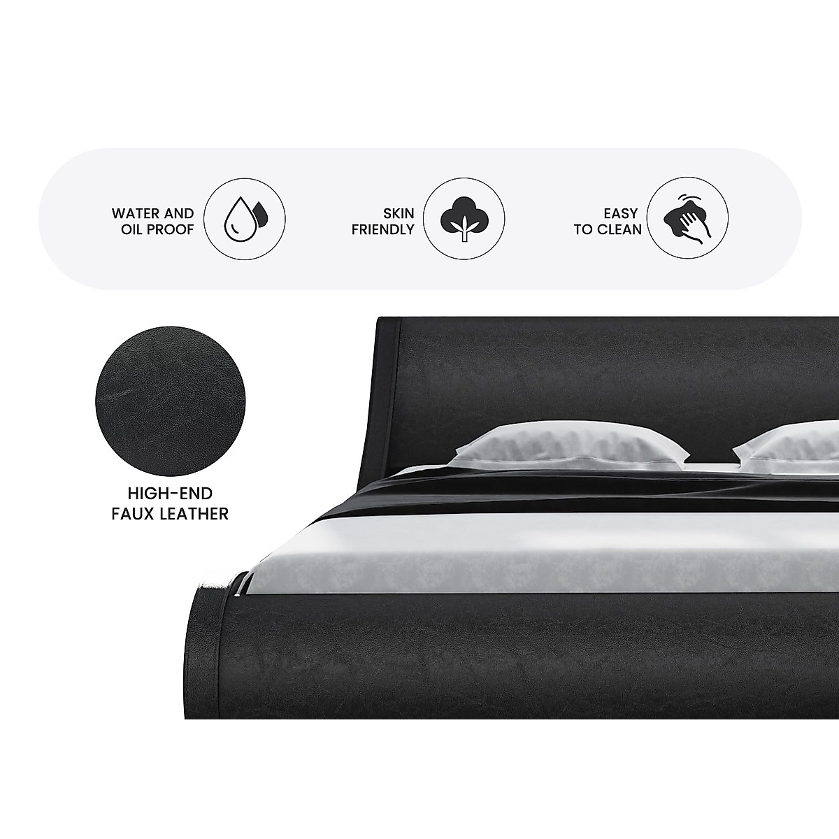 SHA CERLIN Modern Low Profile Platform Bed Frame Queen Size, Stylish Faux Leather Upholstered Sleigh Bed with Adjustable Headboard, No Box Spring Needed, Glossy Black