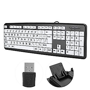 Large Print Computer Keyboard, 104 Keys Standard Full Size USB Wired with Foldable Stands, High Contrast Black and White Keys Perfect for Low Vision, Seniors and Those Just Learning to Type