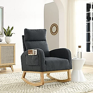 Modern Accent High Back Living Room Lounge Arm Rocking Chair, Upholstered Glider Rocking Chair For Baby And Kids, Comfortable Armchair With Side Pockets For Baby Room/Living Room/Bedroom (Black)