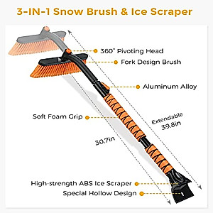 BONNIGHT Ice Scraper with Extendable Snow Brush for Car Windshield with Ergonomic Foam Grip Foam and Soft Bristle Head for Truck SUV Vehicle Windows(38inch,Orange)