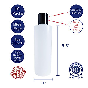 Kelkaa 8oz HDPE Durable Squeezable Plastic Bottles with Black Press Disc Top Cap Natural Clear Container for Any Liquid Products, Multi-Purpose Empty Refillable Bottles (Pack of 10)