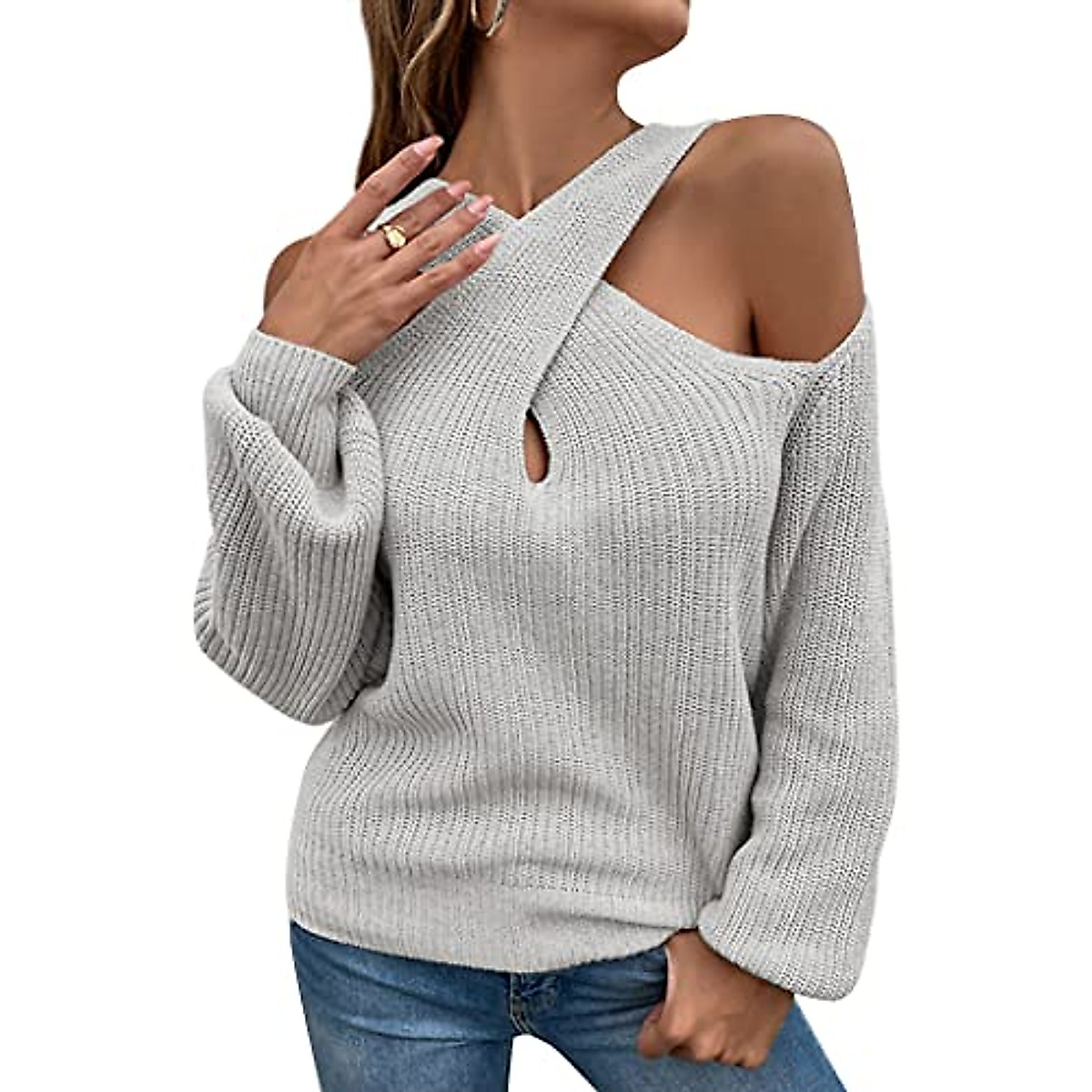 WLLW Womens Cross V Neck Sweaters Cold Shoulder Long Sleeve Casual Knit Pullover Halter Sweaters
