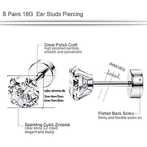 ORAZIO 6-8 Pairs 18G Stainless Steel Ear Stud Piercing Barbell Studs Earrings Round Cubic Zirconia Inlaid Cartilage Earring