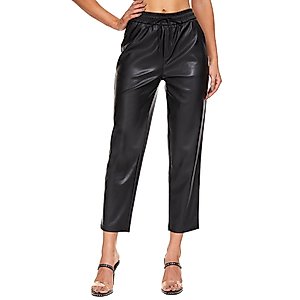 Ginasy Faux Leather Pants for Women High Waist Pleather Jogger Pants Straight Leg Trousers with Pockets Black