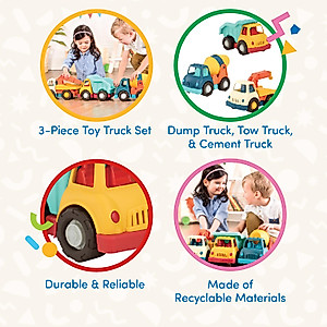 Battat- Wonder Wheels- 3-Piece Toy Truck Set – Dump Truck, Tow Truck, Cement Truck – Toy Construction Vehicles- Recyclable Materials – 1 year +
