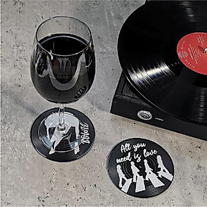 REDIVA Vinyl Record Coasters for Drinks with Record Player Holder, 6 Pcs Retro and Legendary Coasters Set, Funny Coasters for Music Lovers, Housewarming Hostess Gifts, Birthday Gift Ideas