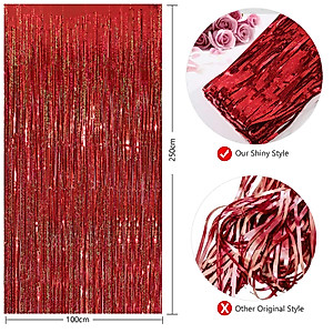 CYLMFC Metallic Tinsel Curtains, 2 Pack 3x8ft Foil Fringe Backdrop for Birthday & Graduation Decorations, Red
