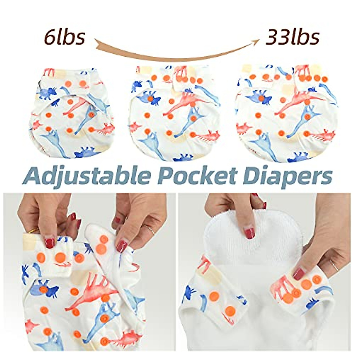 Baby Cloth Diapers One Size Adjustable Washable Reusable Pocket Diapers for Baby Girls and Boys 5 Packs +5 Microfiber Inserts